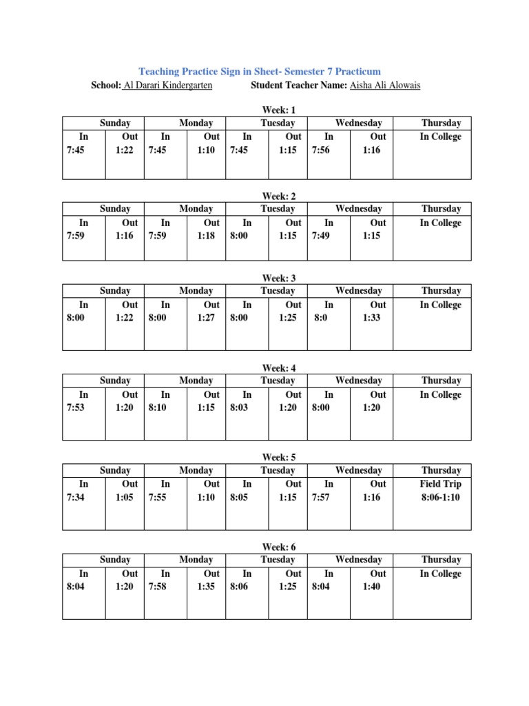 Teaching Practice Sign in Sheet | PDF
