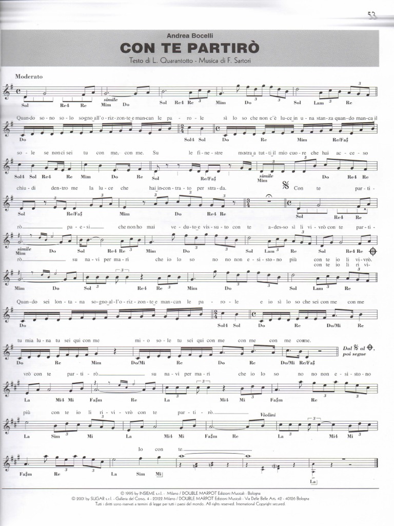 Con Te Partirò - Spartito Per Pianoforte | PDF