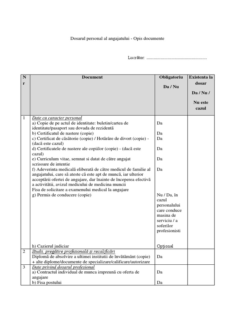 Opis Dosar Personal | PDF