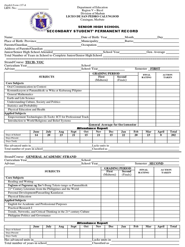 Deped Form 137 Shs 1 Gen Academic Strand | PDF | Schools | Curriculum