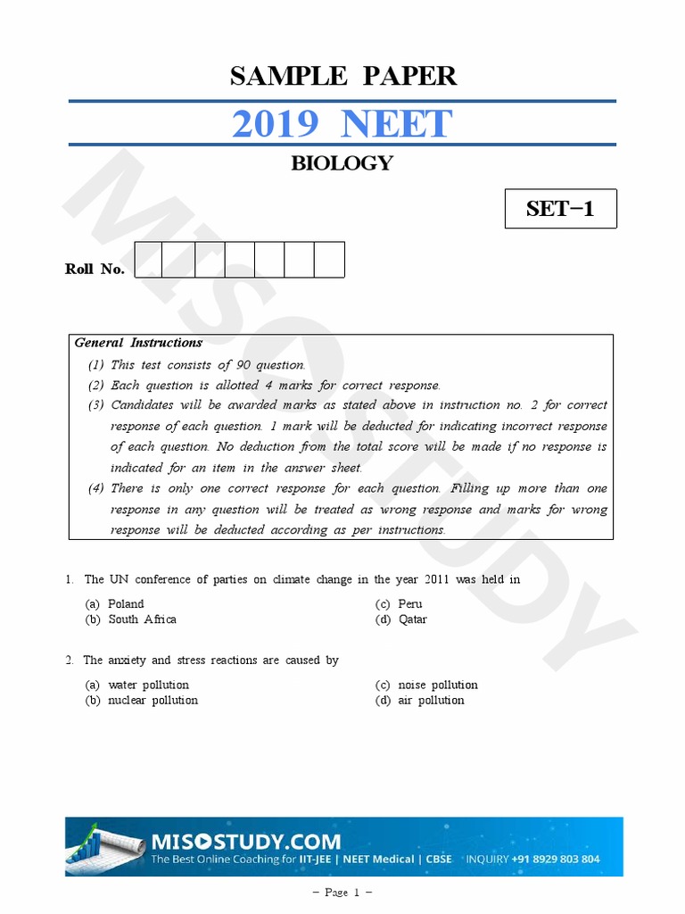 NEET 2019 Biology Sample Question Paper | PDF | Mitosis | Science