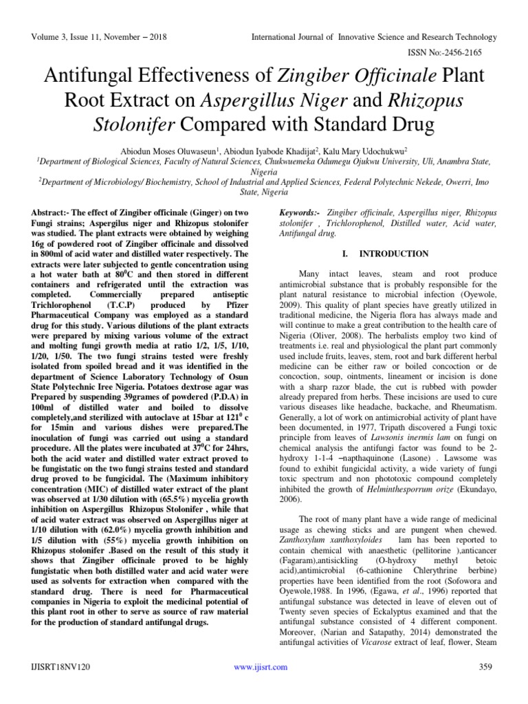 Antifungal Effectiveness of Zingiber Officinale Plant Root Extract On ...