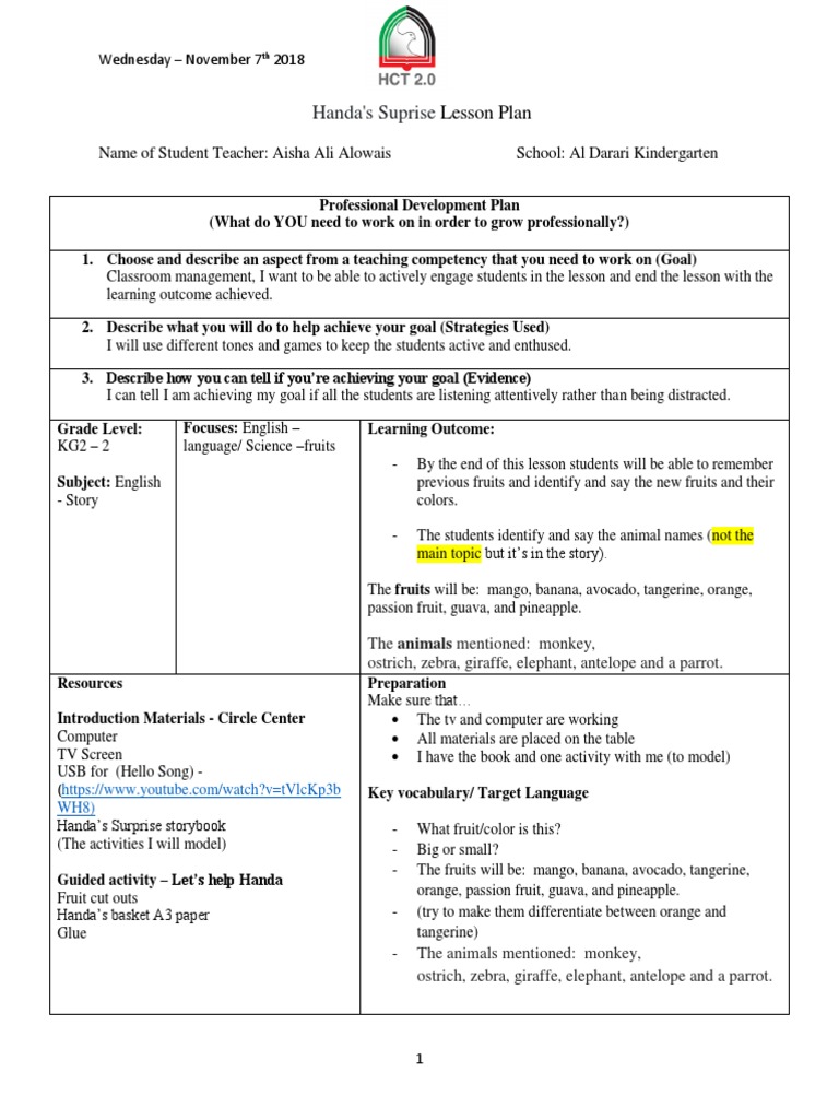 Handas Suprise Lesson Plan | PDF | Lesson Plan | Change