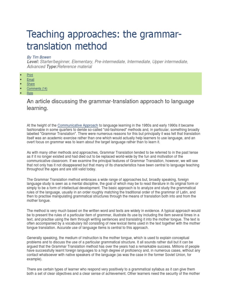 Teaching Approaches The Grammar Translation Method Pdf Translations Language Education