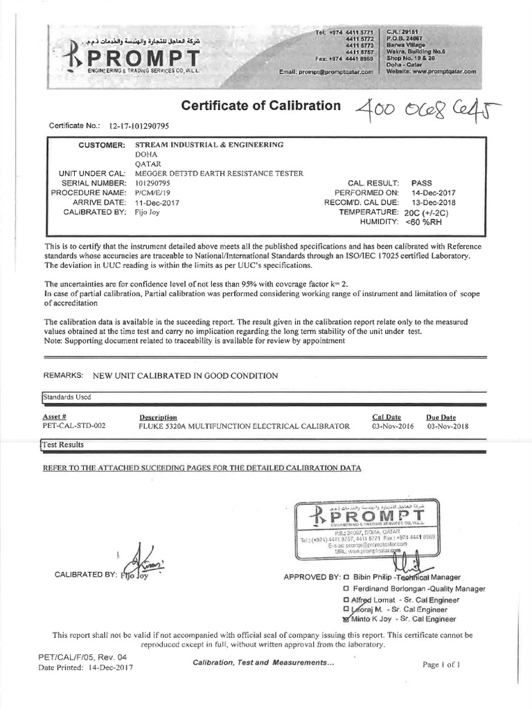 Calib. Certificate For Earth Tester - Det3td | PDF