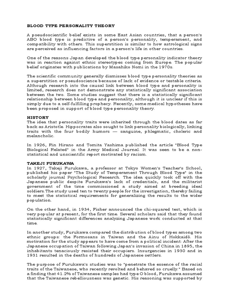 Blood Type Personality Theory | Download Free PDF | Science ...