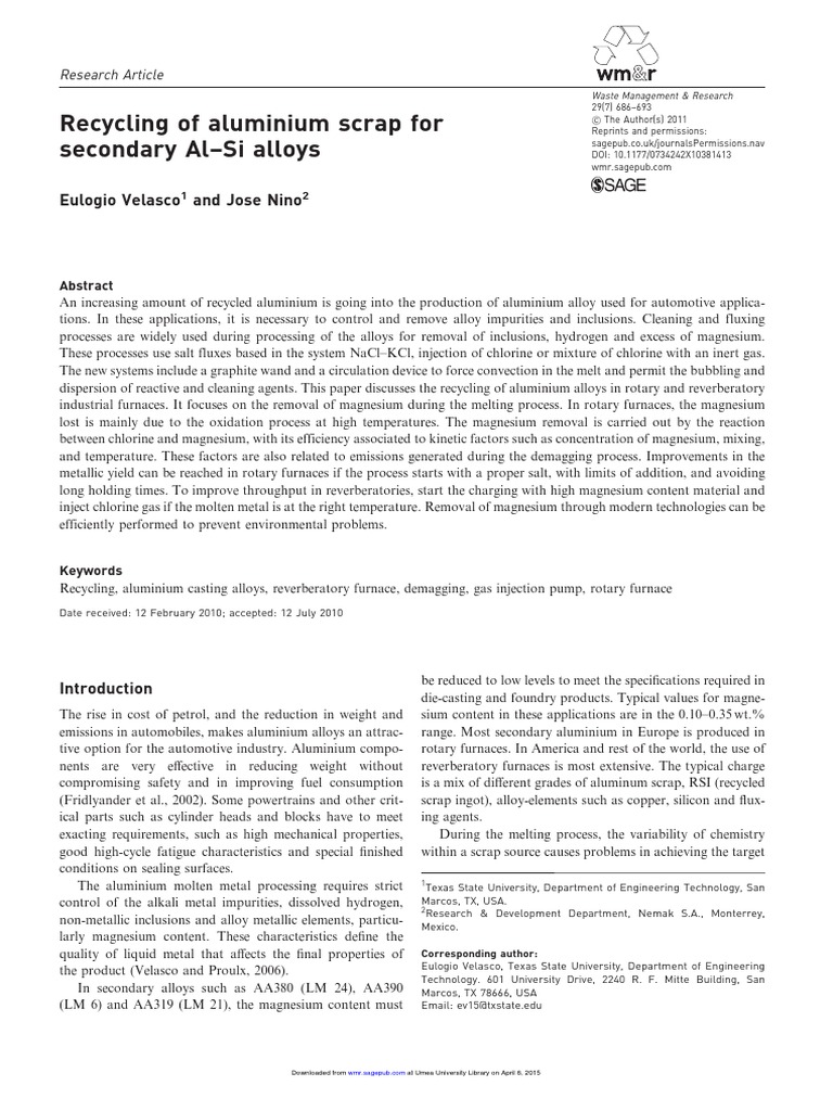 Recycling of Aluminium Scrap For Secondary Al-Si Alloys | Download Free ...
