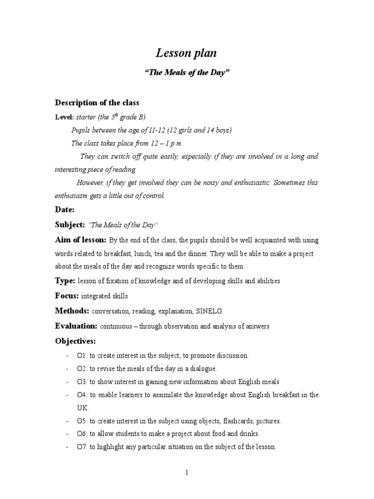 Meals of the Day Lesson Plan | PDF | Meal | Lunch