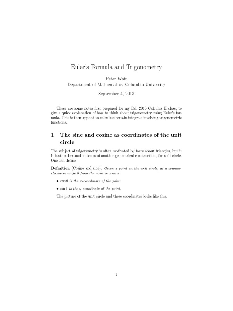 Euler's Formula and Trigonometry: 1 The Sine and Cosine As Coordinates ...
