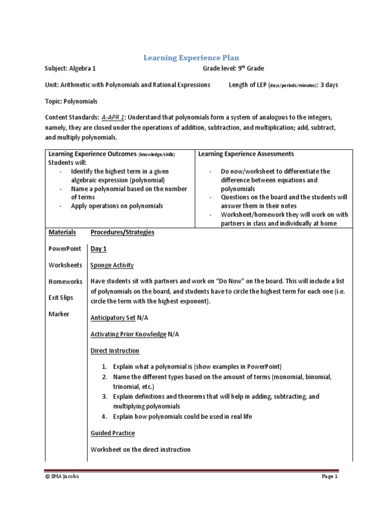 3 Day Learning Segment Template 1 | PDF | Polynomial | Multiplication
