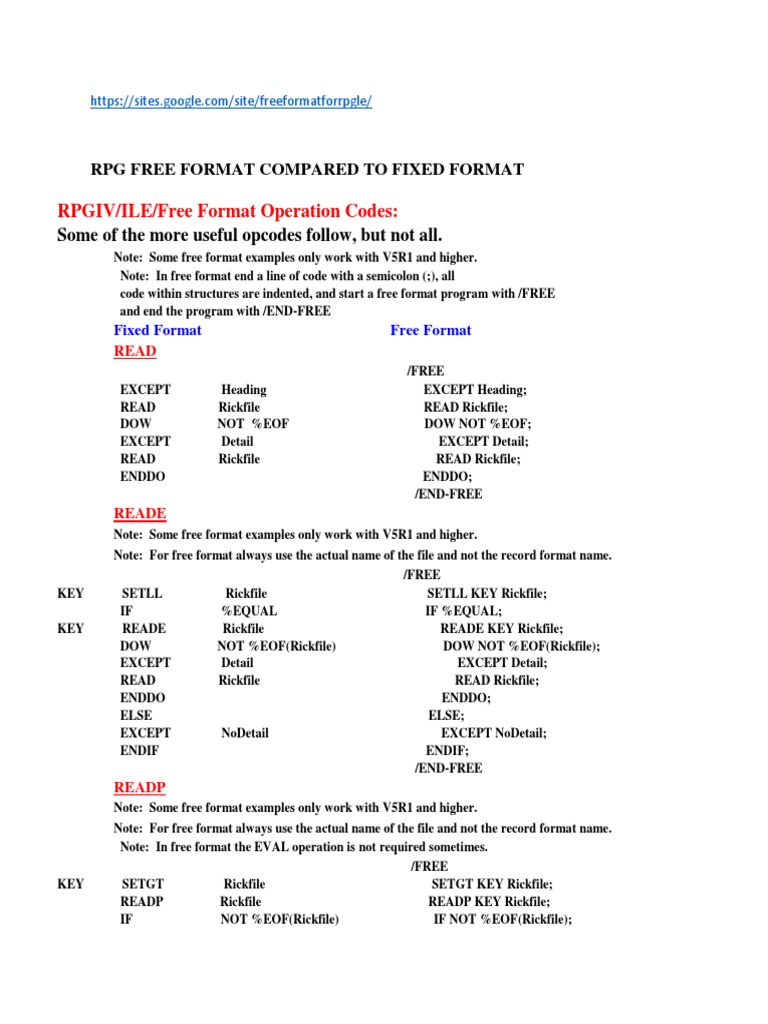 RPG FREE FORMAT OPERATION CODES COMPARED TO FIXED FORMAT | PDF | C ...