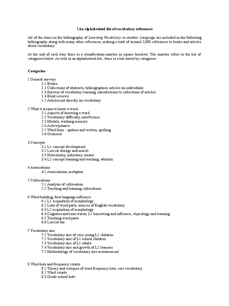 An Alphabetised List of Vocabulary References | PDF | Vocabulary ...