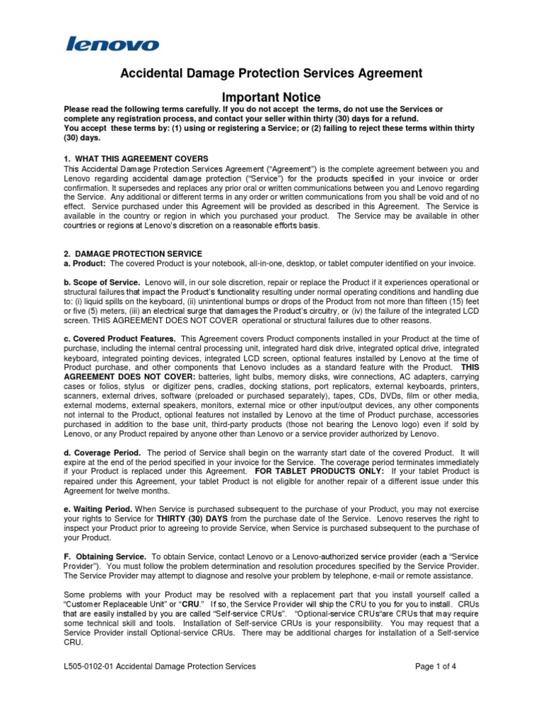 Accidental Damage Protection Services Agreement Important Notice | PDF ...