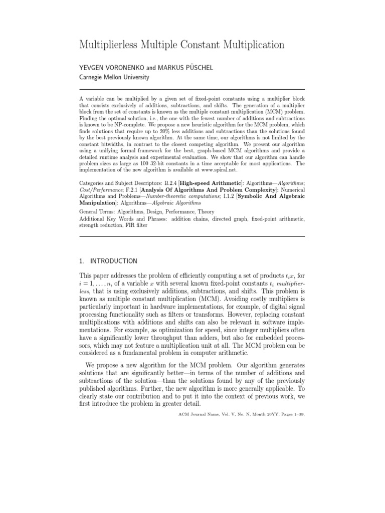 Multiplierless Multiple Constant Multiplication: ACM Journal Name, Vol. V, No. N, Month 20YY ...
