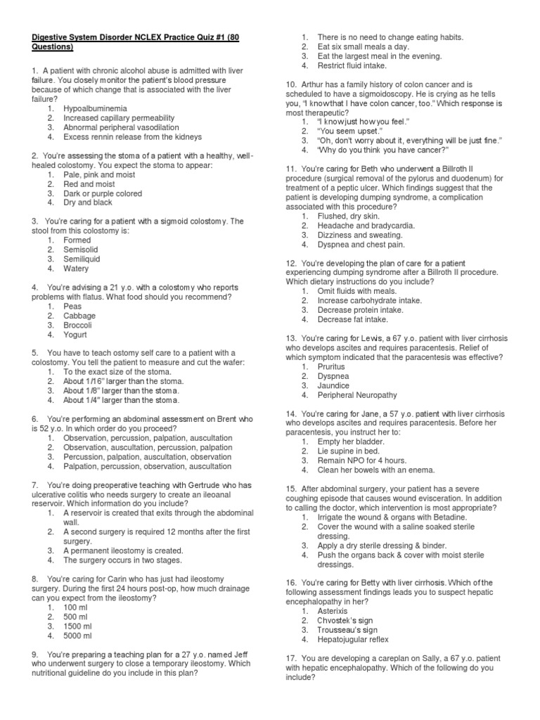 GI Disorders NCLEX Practice Quiz #1 | PDF | Ulcerative Colitis | Stomach