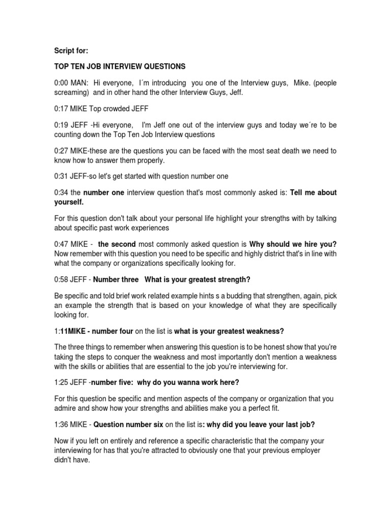 Script For: Top Ten Job Interview Questions | PDF | Business