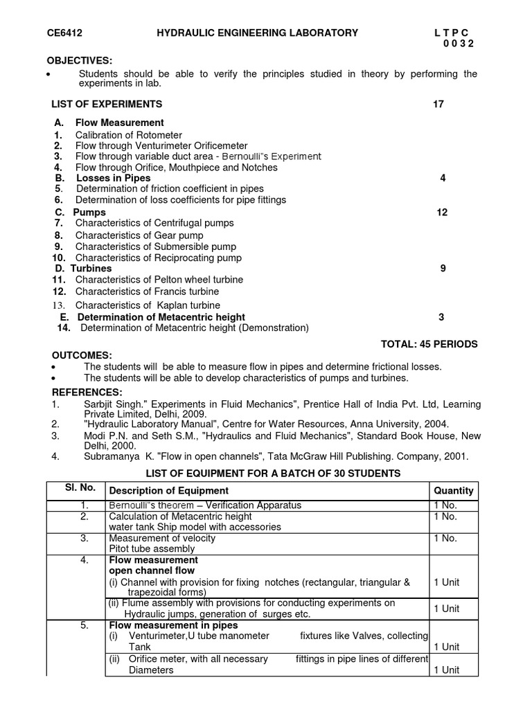 Hydraulic Engineering Laboratory Experiments | PDF | Flow Measurement ...