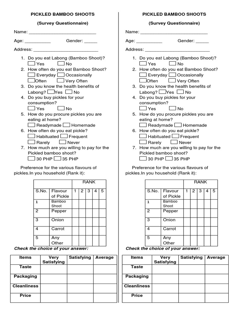 Survey Questionnaire | PDF | Pickling | Cooking
