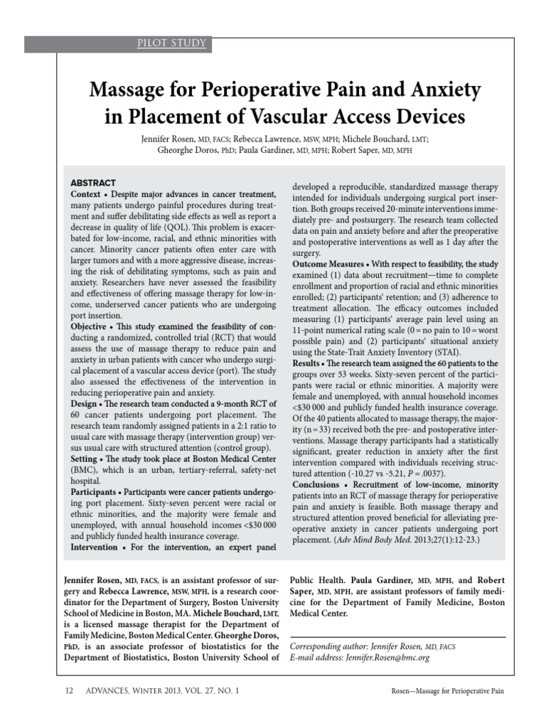 Massage For Perioperative Pain and Anxiety in Placement of Vascular ...