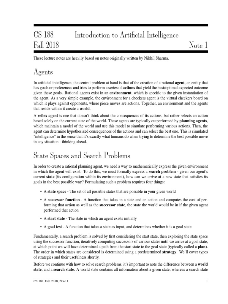 CS 188 Introduction To Artificial Intelligence Fall 2018 Note 1 ...