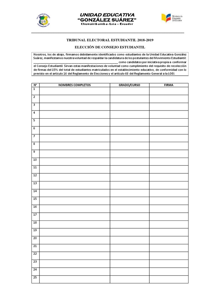 Formato Recolección de Firmas Consejo Estudiantil 2018-2019 | PDF ...