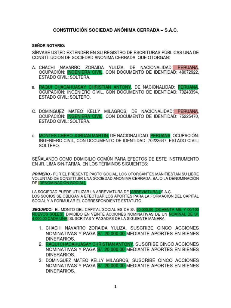 Constitución de Sociedad Anónima Cerrada | PDF | Sociedad de ...