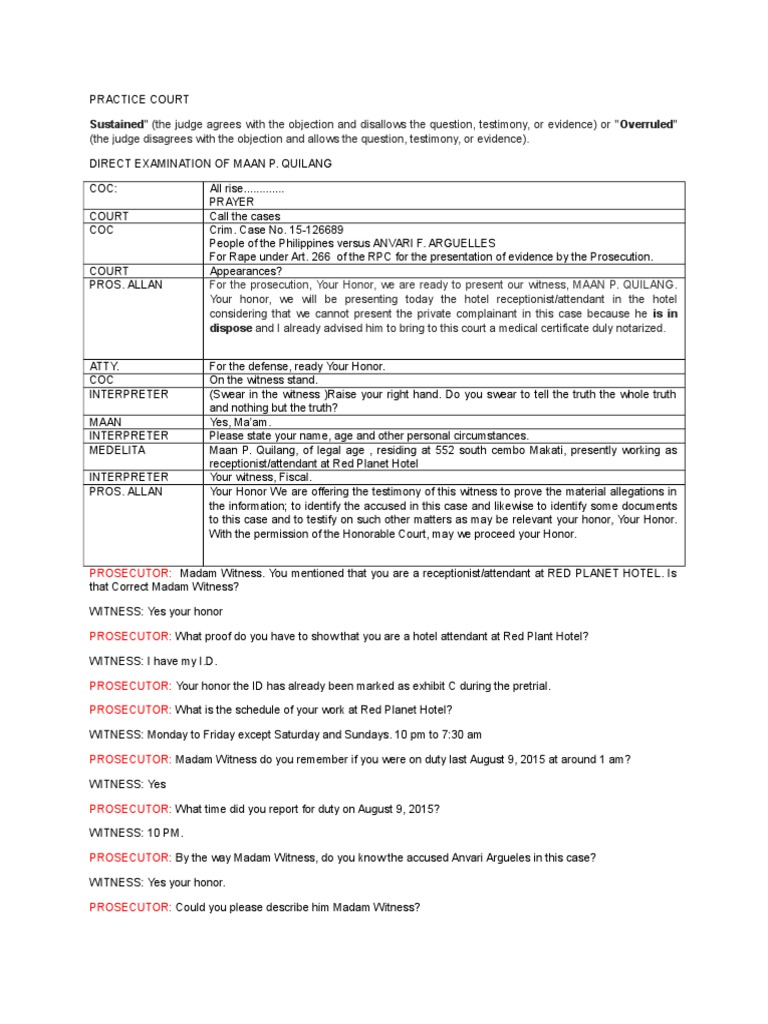 Practice Court Script | PDF | Testimony | Witness