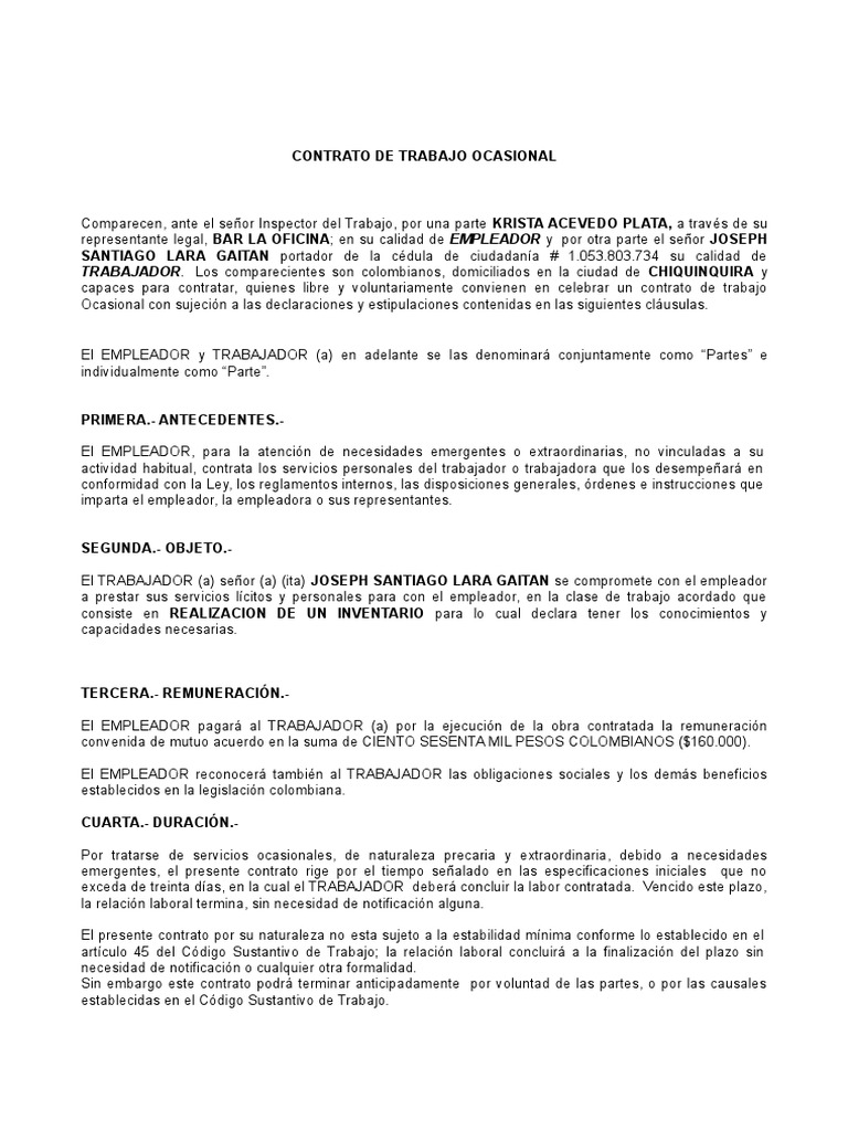 Contrato de Trabajo Ocacional | PDF | Derecho laboral | Instituciones sociales