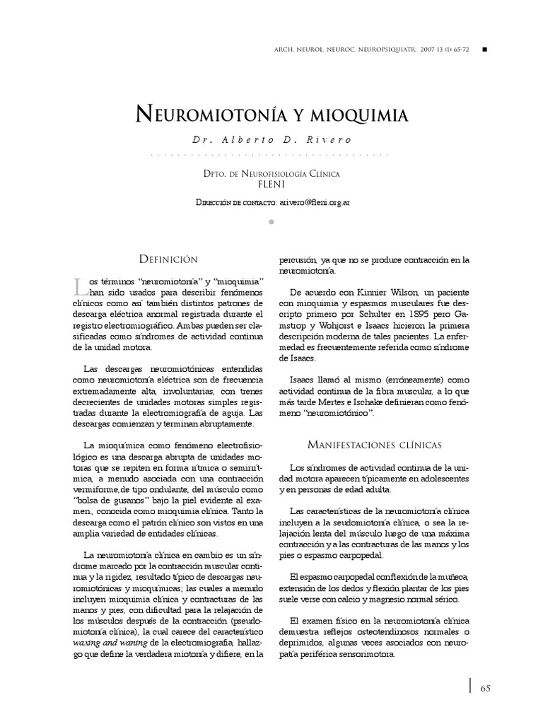 Neuromiotonía y mioquimia: Una revisión de los síndromes de actividad ...