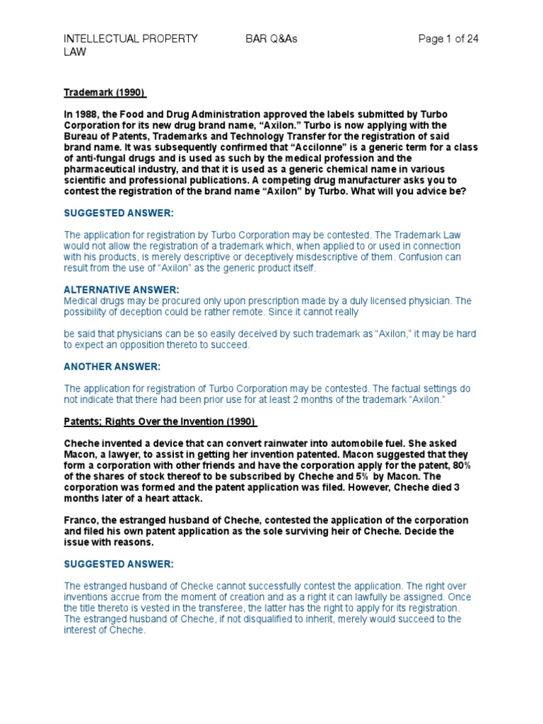 Intellectual Property Law Bar Questions and Suggested Answers | PDF ...
