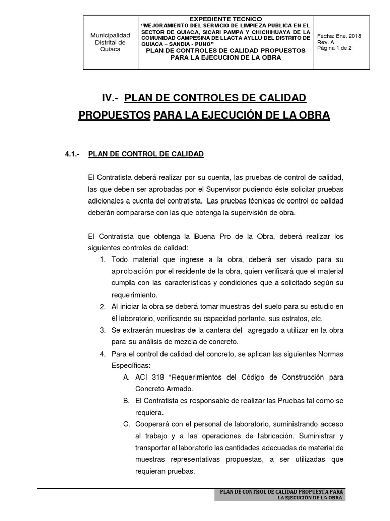 Cap Iii - 004 - Plan de Control de Calidad | PDF | Hormigón | Acero