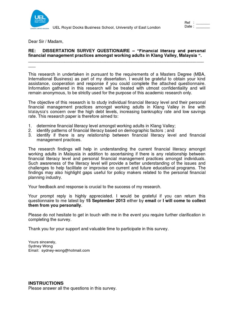 Questionnaires Survey Financial Literacy Personal Financial Management ...