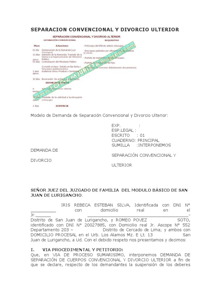 Separacion Convencional y Divorcio Ulterior | Divorcio | Demanda judicial Separacion Convencional y Divorcio Ulterior | Divorcio | Demanda judicial