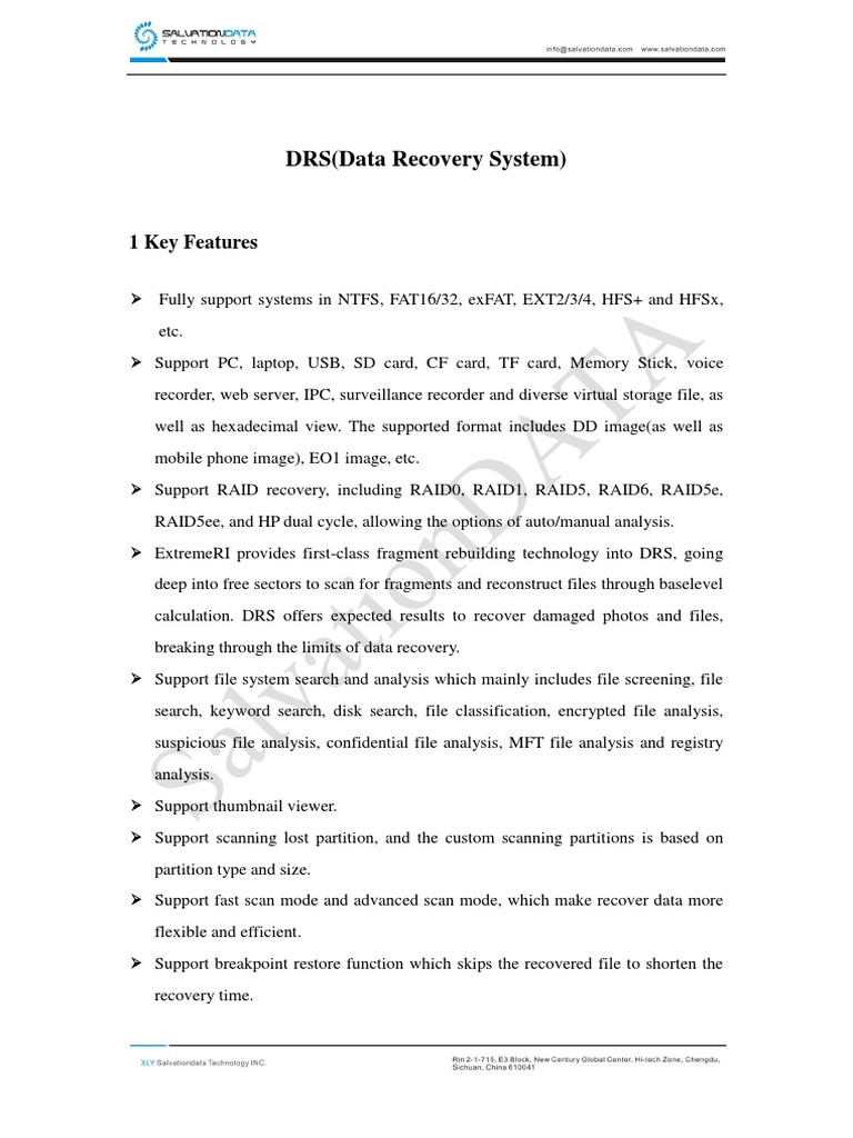 DRS (Data Recovery System) : 1 Key Features | PDF | Hard Disk Drive | Usb Flash Drive