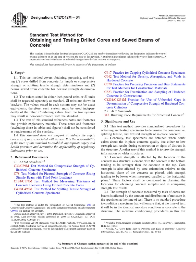 ASTM C42/C42M – 04 | Strength Of Materials | Concrete