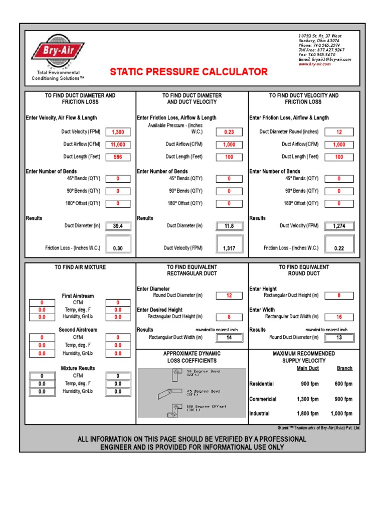 Static Pressure Calculator r3 Rev1610 27 | PDF | Duct (Flow) | Friction