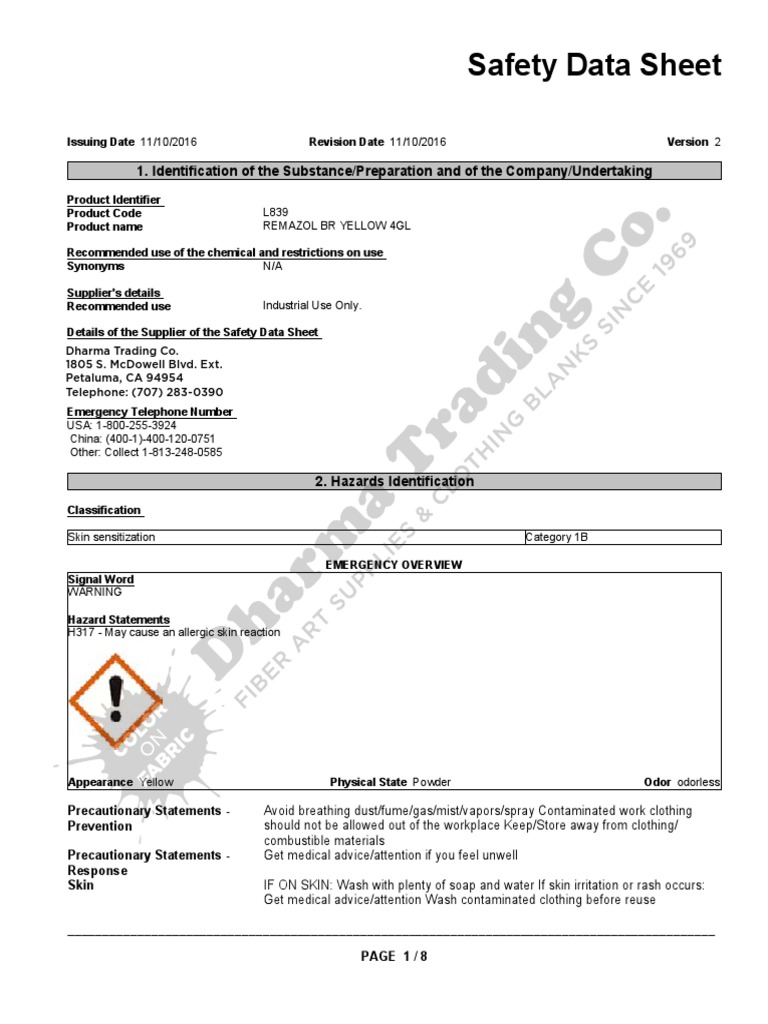Safety Data for REMAZOL BR YELLOW 4GL | PDF | Personal Protective ...
