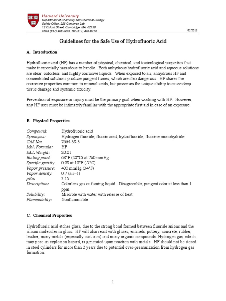 Guidelines For The Safe Use of Hydrofluoric Acid: A. Introduction | PDF ...