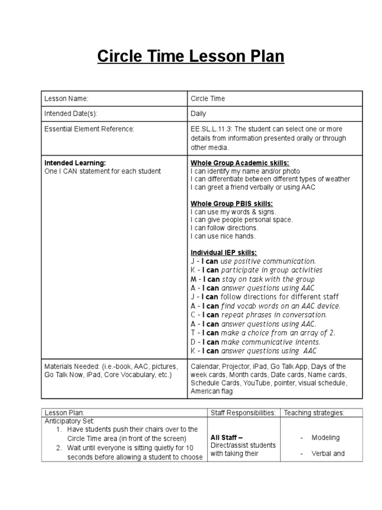 Circle Time Lesson Plan | PDF | Lesson Plan | Education Theory