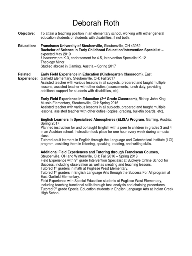 Deborah Roth Resume Fall 2018 | PDF | Schools | Teachers