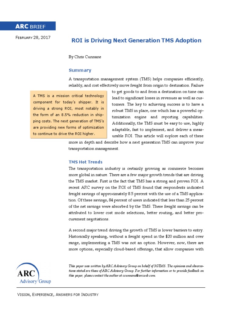 ROI Is Driving Next Generation TMS Adoption: Brief | PDF | Cargo ...