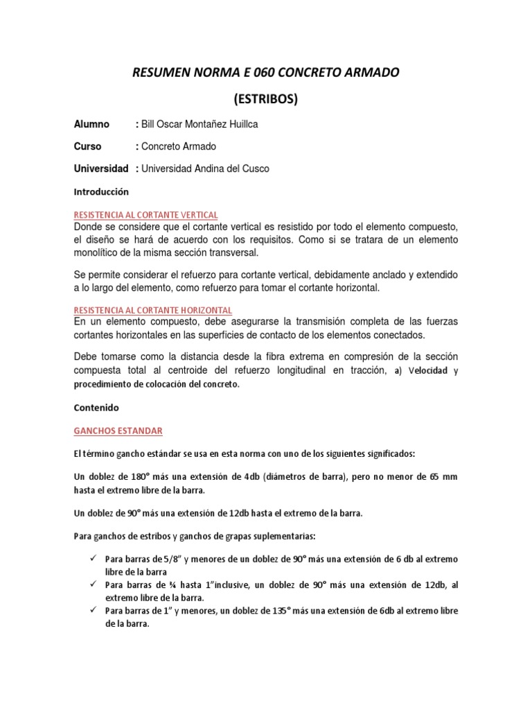 Resumen Norma e 060 Concreto Armado | PDF | Concreto reforzado | Hormigón