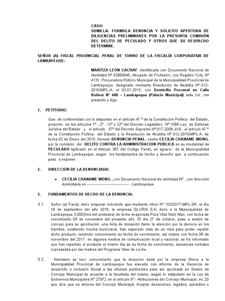 Modelo de Denuncia | Derecho penal | Debido al proceso