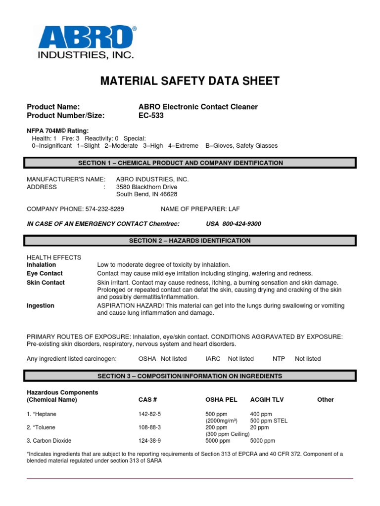 Material Safety Data Sheet: Product Name: ABRO Electronic Contact ...