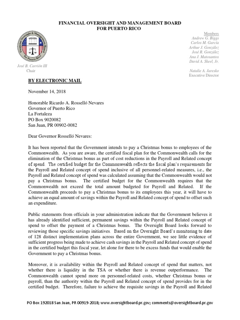 FOMB - Letter - CW Christmas Bonus - 20181114 | PDF | Puerto Rico ...