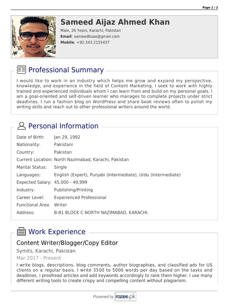 Sameed Aijaz Ahmed Khan: Professional Summary | PDF | Blog | Pakistan