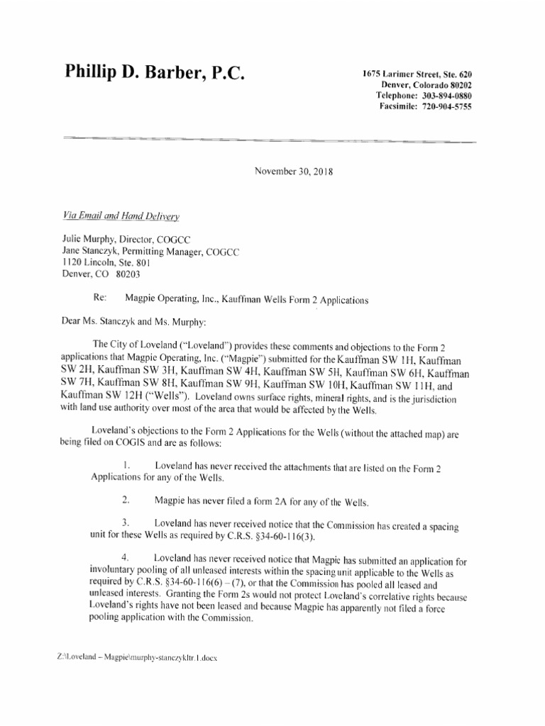 Nov. 30, 2018: City of Loveland Objection Letter To Magpie Operating ...