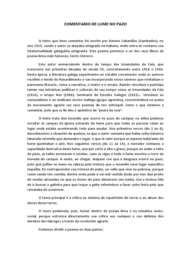 Comentario de Lume No Pazo | PDF