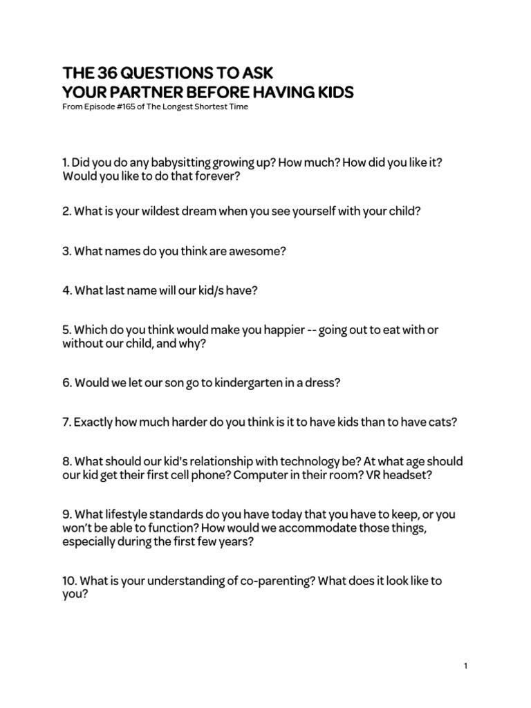 The 36 Questions To Ask Your Partner Before Having Kids: From Episode ...