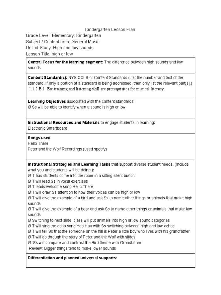 Kindergarten Music Lesson: High vs Low Sounds | PDF | Language Arts ...